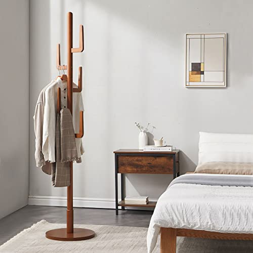 TinyTimes Wooden Coat Rack Free Standing, Cactus Shape, Sturdy Rustic Hall Tree Coat Tree Coat Hanger with 6 Hooks, for Coat, Hat, Clothes, Scarves, Handbags, Umbrella - Dark Brown