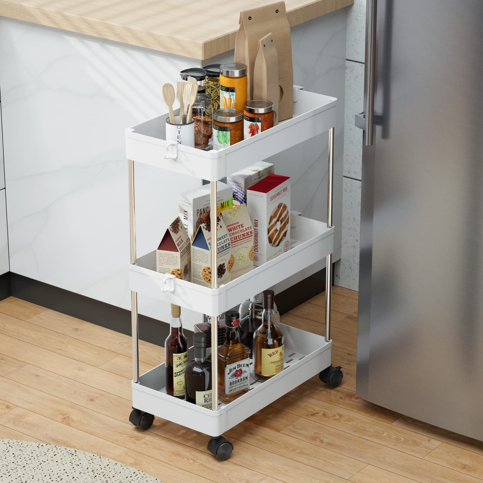 OTK Storage Cart 3 Tier Mobile Shelving Unit Organizer, Utility Rolling Shelf Cart with Wheels for Bathroom Kitchen Bedroom Office Laundry Narrow Places, White