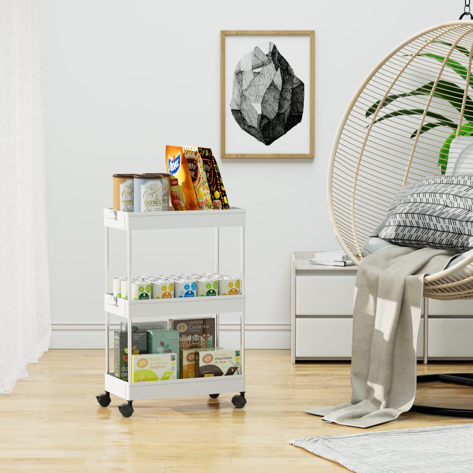 OTK Storage Cart 3 Tier Mobile Shelving Unit Organizer, Utility Rolling Shelf Cart with Wheels for Bathroom Kitchen Bedroom Office Laundry Narrow Places, White