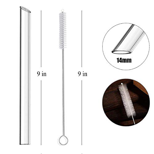 ALINK Reusable Glass Boba Straws, 14mm Extra Wide Clear Straws for Smoothies, Bubble Tea, Pack of 2 with Carrying Case and Cleaning Brush