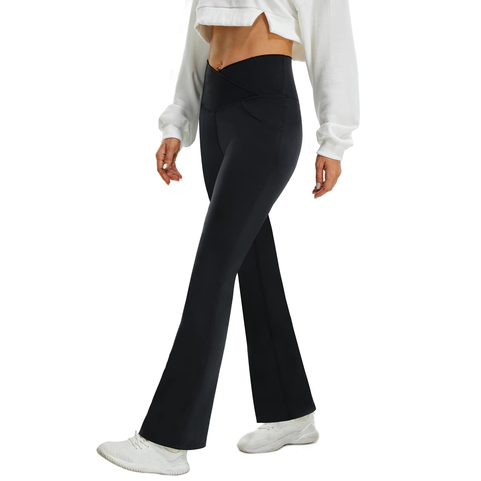 FireSwan Womens Crossover Flare Leggings with Pockets Bootcut High Waisted Yoga Pants Tummy Control Gym Workout Work Pants Black