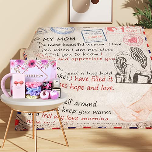 Gifts for Mom, Mothers Birthday Gifts Blanket 50 * 60 inch Basket for Mom Self Care Women Gift Box to My Mom from Daughter Son Includes Bath Balls Candle Soap Headband Hair Ties