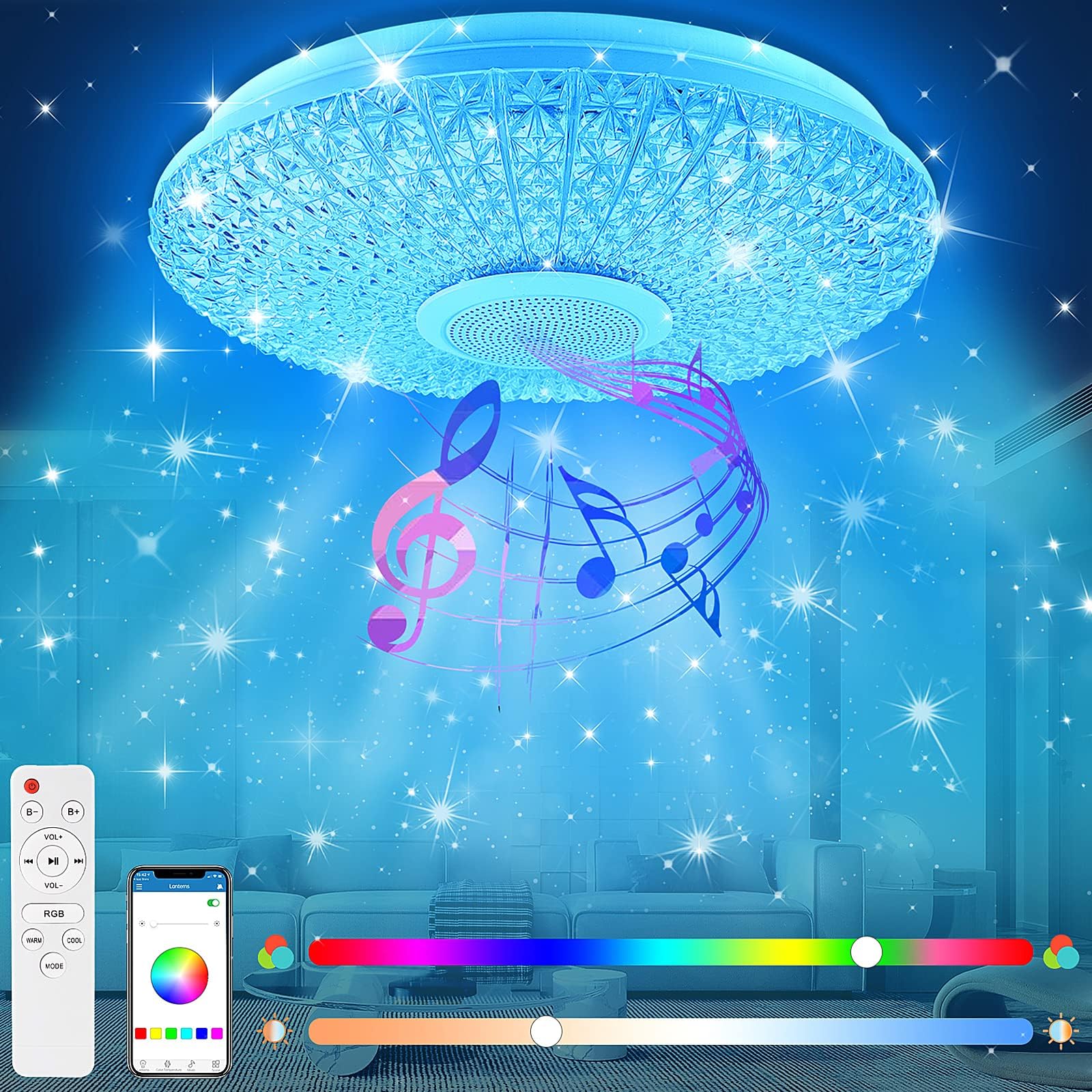 Mosasun 36W APP Remote Control Color Changing Ceiling Lamp with Bluetooth Speaker, Flush Mount LED Bathroom Music Ceiling Light for Kids Room, Laundry, Hallway