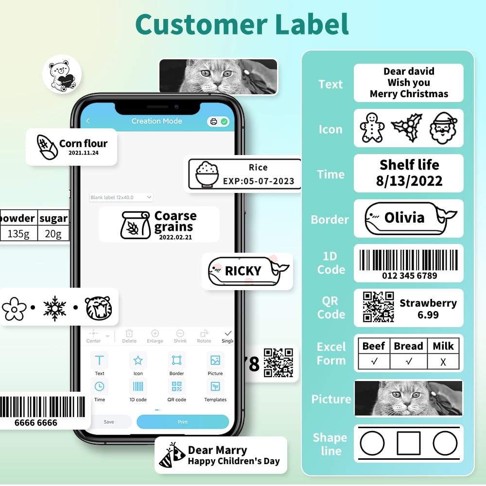 Phomemo D30 Label Maker Machine with 4 Tapes-Black on White Tape 12mm 0.47 in, Mini Bluetooth Label Printer, Portable Smart Phone Handheld Sticker Mini Labeler Inkless Rechargeable, BPA-Free