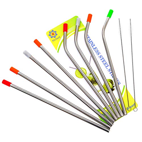 Kichwit Extra Long Stainless Steel Straws Set of 8, Reusable Wide Straws for Smoothies, 10.5 Inches Long, 5/16" Wide, Metal Drinking Straws, 2 Cleaning Brushes Included