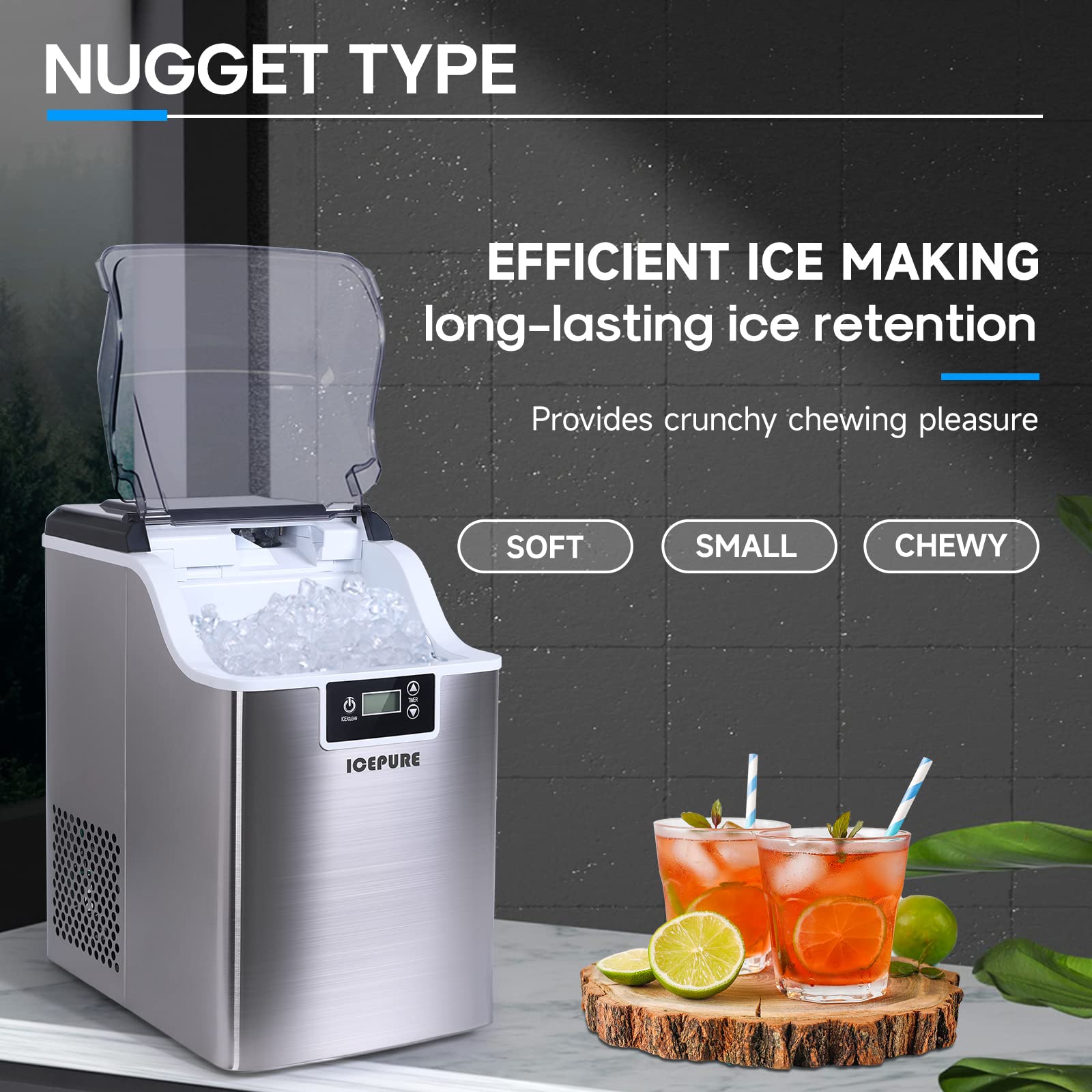 ICEPURE Nugget Ice Maker Countertop, Compact Ice Machine Portable, Make 44Lbs/24H, Self-Cleaning, Small Tabletop Icemakers, Crushed Soft&Chewable/Chewy Ice for Home/Kitchen/Office (Stainless Steel)