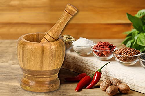 DecorRack Mortar and Pestle, 100% Natural Bamboo Spice Grinder, Decorative 4 inch Wooden Mortar and Pestle Set for Kitchen