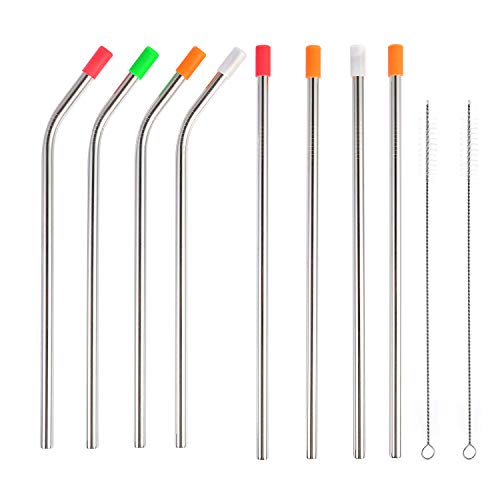 Kichwit Extra Long Stainless Steel Straws Set of 8, Reusable Wide Straws for Smoothies, 10.5 Inches Long, 5/16" Wide, Metal Drinking Straws, 2 Cleaning Brushes Included