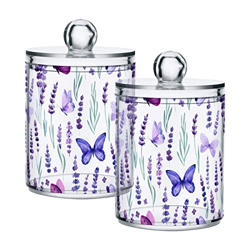 Kigai 2 Pack Lavender Flower Qtip Holders Dispenser Bathroom Vanity Organizers Clear Plastic Apothecary Jars with Lids for Cotton Ball, Cotton Swab, Cotton Round Pads, Floss