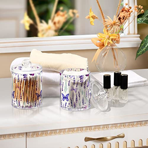 Kigai 2 Pack Lavender Flower Qtip Holders Dispenser Bathroom Vanity Organizers Clear Plastic Apothecary Jars with Lids for Cotton Ball, Cotton Swab, Cotton Round Pads, Floss