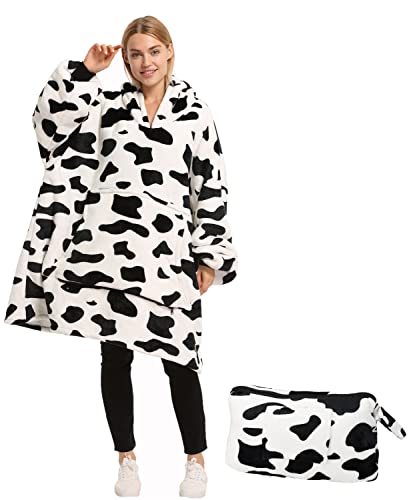 Catalonia Cow Print Oversized Blanket Hoodie Sweatshirt, Wearable Sherpa Blanket Pullover, Soft Warm Comfortable Portable Travel Sweater Pillow for Adults Men Women, Gift for Her