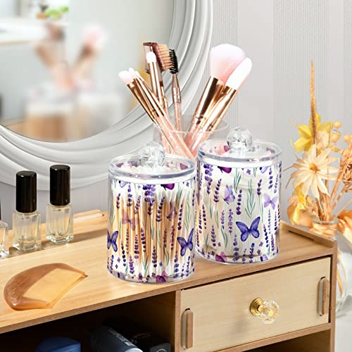 Kigai 2 Pack Lavender Flower Qtip Holders Dispenser Bathroom Vanity Organizers Clear Plastic Apothecary Jars with Lids for Cotton Ball, Cotton Swab, Cotton Round Pads, Floss