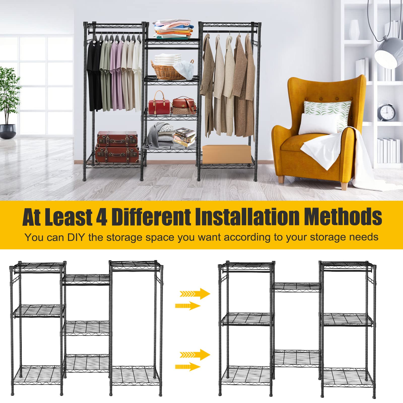 Hestiasko M3 Wire Garment Rack Heavy Duty Clothes Rack with 8 Tiers Adjustable Wire Shelving and 4 Hanging Rods/Freestanding Metal Wardrobe Closet Max Load 800lbs 68.5" L X 17.8" W X 75.0" H
