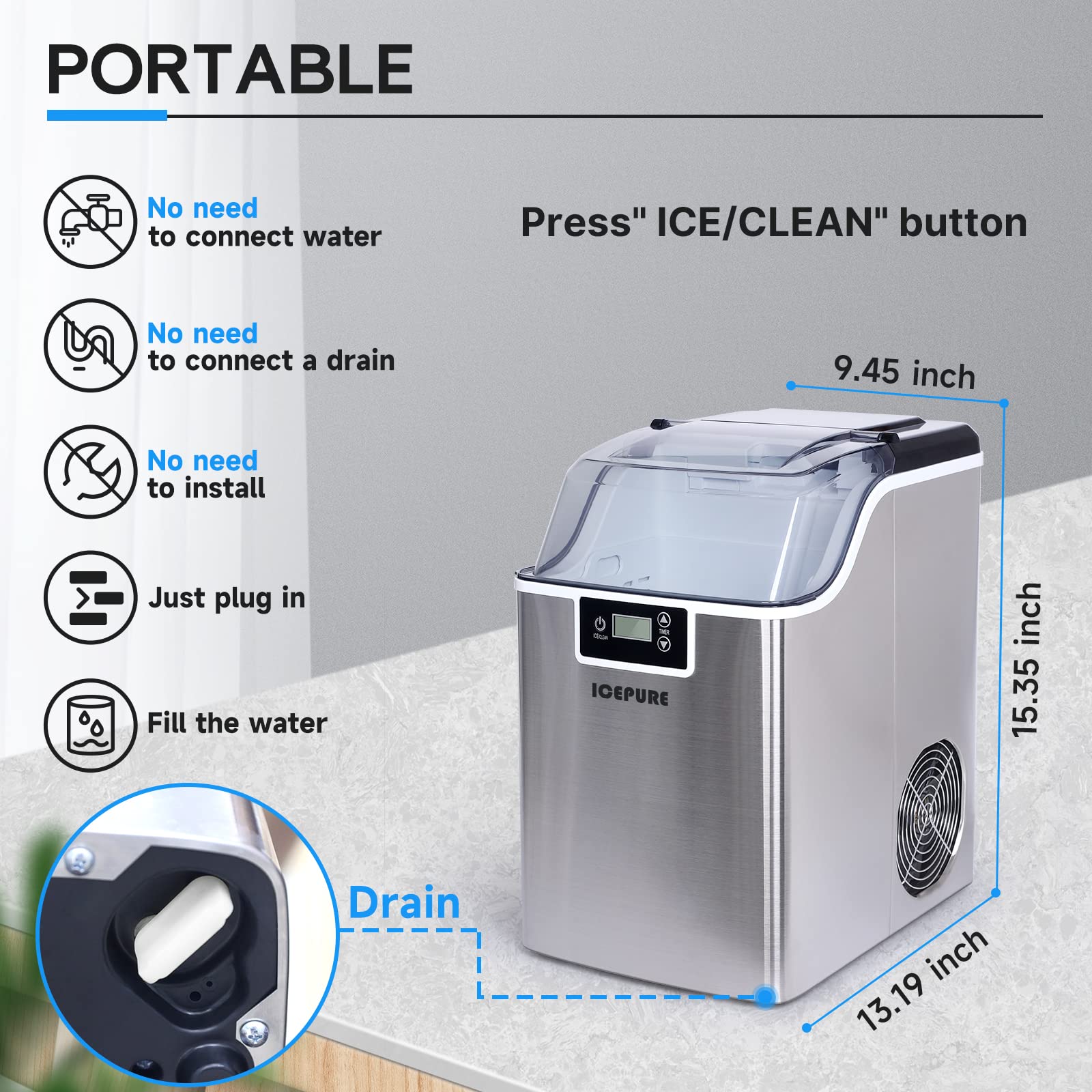 ICEPURE Nugget Ice Maker Countertop, Compact Ice Machine Portable, Make 44Lbs/24H, Self-Cleaning, Small Tabletop Icemakers, Crushed Soft&Chewable/Chewy Ice for Home/Kitchen/Office (Stainless Steel)