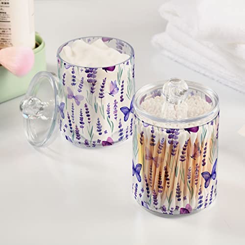 Kigai 2 Pack Lavender Flower Qtip Holders Dispenser Bathroom Vanity Organizers Clear Plastic Apothecary Jars with Lids for Cotton Ball, Cotton Swab, Cotton Round Pads, Floss