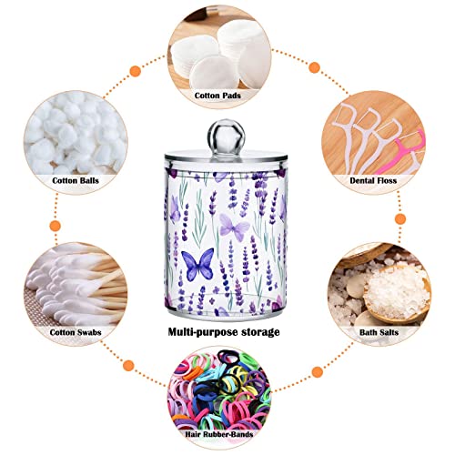 Kigai 2 Pack Lavender Flower Qtip Holders Dispenser Bathroom Vanity Organizers Clear Plastic Apothecary Jars with Lids for Cotton Ball, Cotton Swab, Cotton Round Pads, Floss