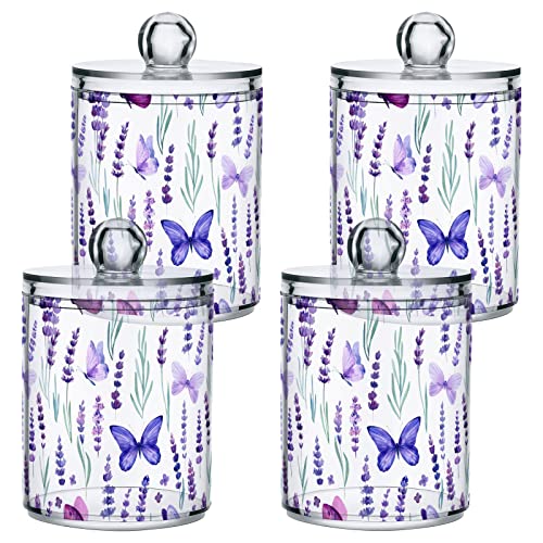 Kigai 2 Pack Lavender Flower Qtip Holders Dispenser Bathroom Vanity Organizers Clear Plastic Apothecary Jars with Lids for Cotton Ball, Cotton Swab, Cotton Round Pads, Floss