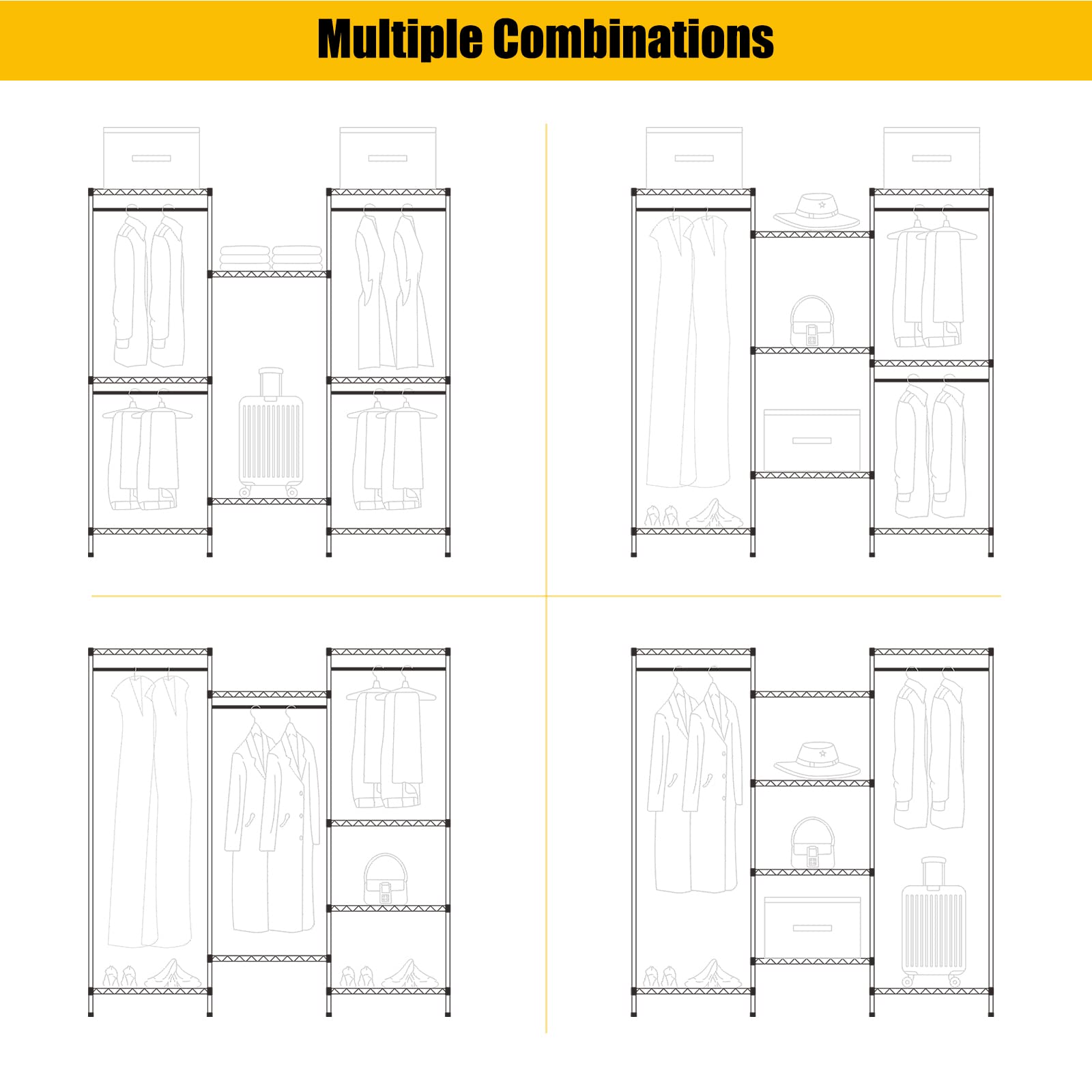 Hestiasko M3 Wire Garment Rack Heavy Duty Clothes Rack with 8 Tiers Adjustable Wire Shelving and 4 Hanging Rods/Freestanding Metal Wardrobe Closet Max Load 800lbs 68.5" L X 17.8" W X 75.0" H