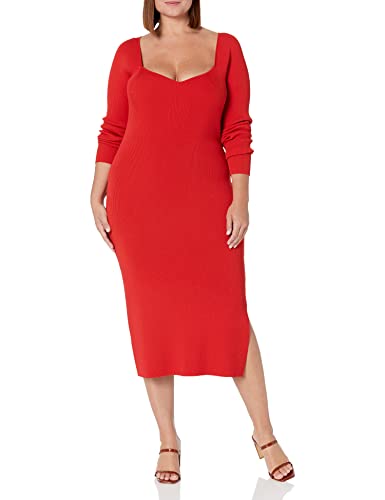 The Drop Women's Cameron Ribbed Sweetheart Neckline Midi Sweater Dress, Lava red, M