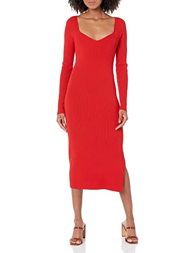 The Drop Women's Cameron Ribbed Sweetheart Neckline Midi Sweater Dress, Lava red, M