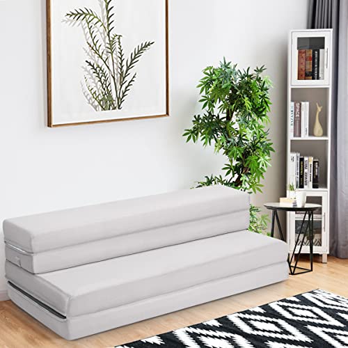 KOMFOTT 4- Inch Tri Folding Mattress Full XL Size, Foam Mattress with Removable & Washable Cover, Trifold Guest Bed Foam Mattress Sofa Bed Sleeper