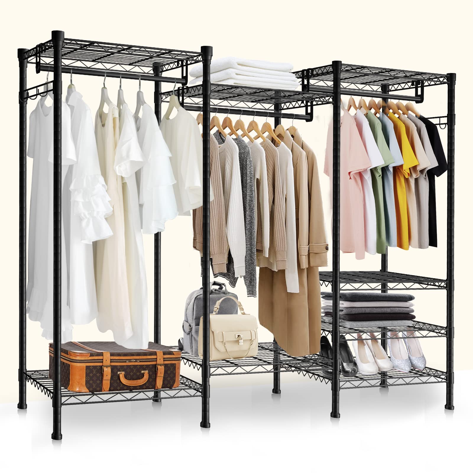 Hestiasko M3 Wire Garment Rack Heavy Duty Clothes Rack with 8 Tiers Adjustable Wire Shelving and 4 Hanging Rods/Freestanding Metal Wardrobe Closet Max Load 800lbs 68.5" L X 17.8" W X 75.0" H