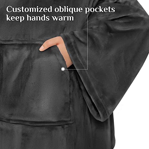 ONME Wearable Fleece Blanket with Sleeves for Adult, Cozy Snuggy Blankets with Front Pocket, Soft Blanket Robe Gift for Women Men (Dark Grey)