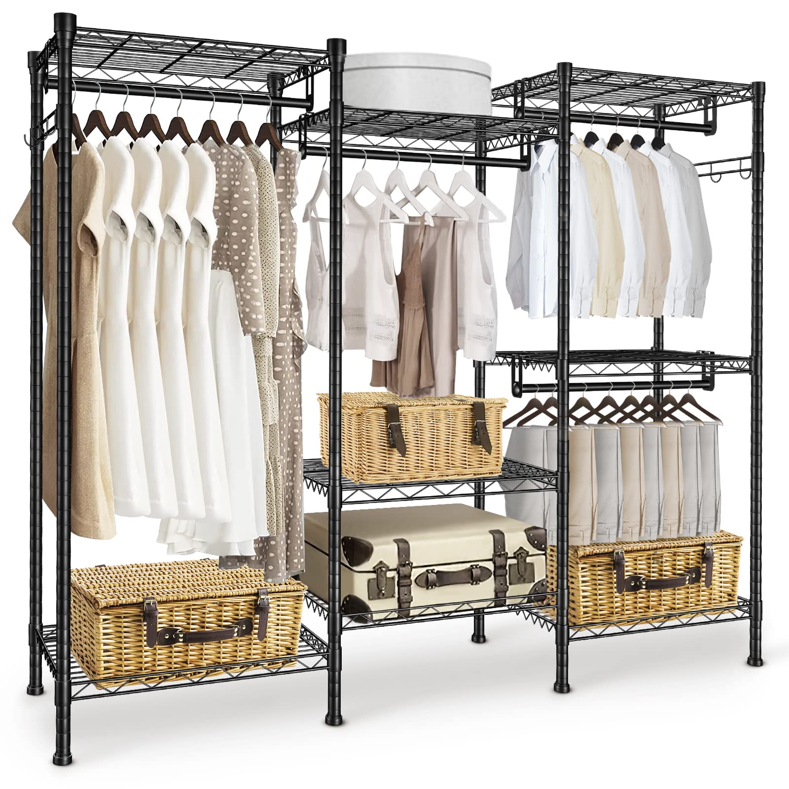 Hestiasko M3 Wire Garment Rack Heavy Duty Clothes Rack with 8 Tiers Adjustable Wire Shelving and 4 Hanging Rods/Freestanding Metal Wardrobe Closet Max Load 800lbs 68.5" L X 17.8" W X 75.0" H