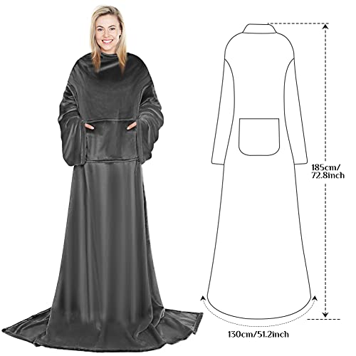 ONME Wearable Fleece Blanket with Sleeves for Adult, Cozy Snuggy Blankets with Front Pocket, Soft Blanket Robe Gift for Women Men (Dark Grey)