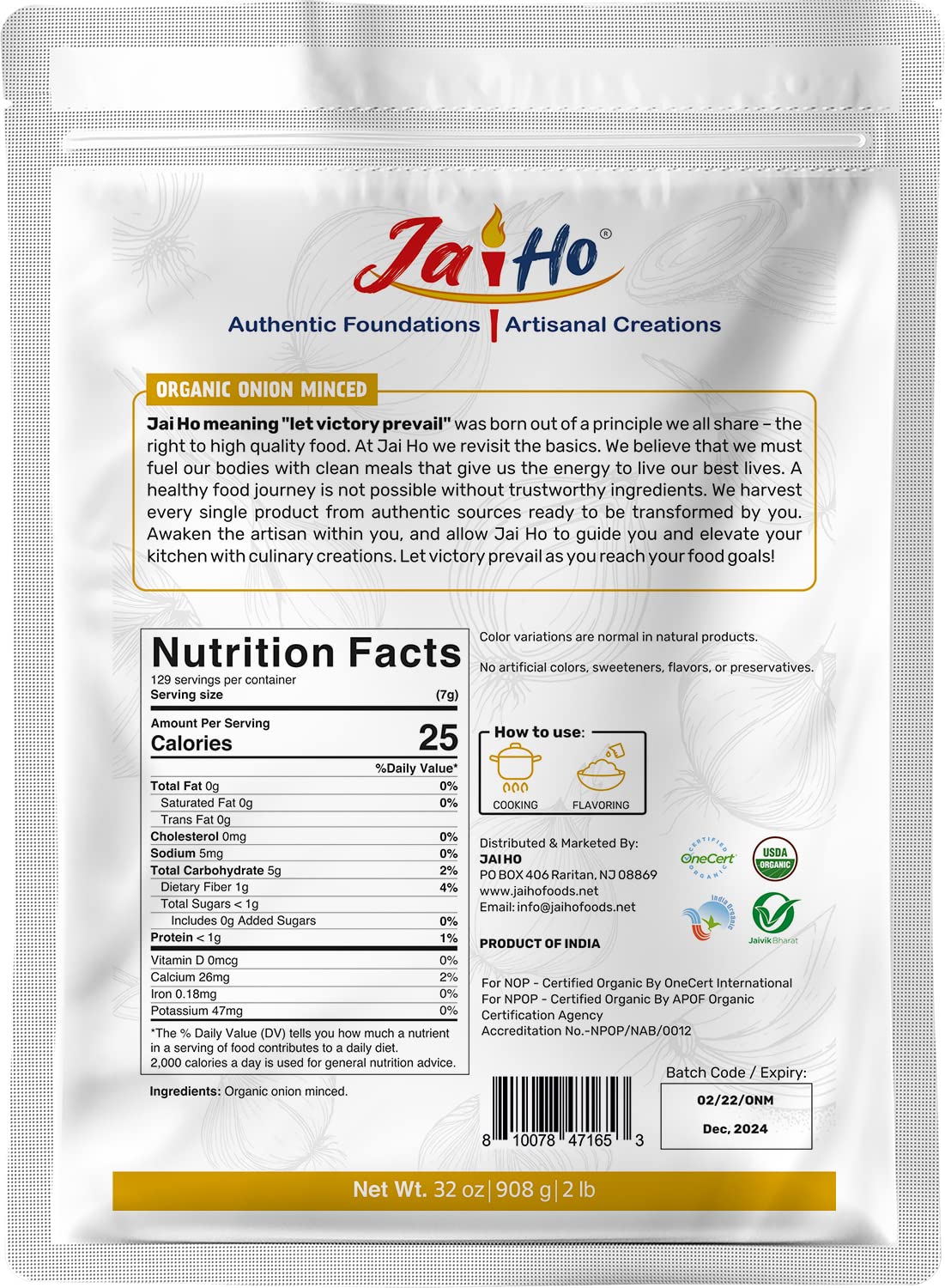 Jai Ho Certified Organic Gluten Free, Vegan, Non-GMO - Resealable Zip Lock Pouch (Onion Minced)