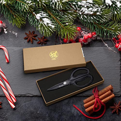 MITSUMOTO SAKARI Japanese Kitchen Scissors All Purpose, Black Titanium Plated Heavy Duty Kitchen Scissors, Multipurpose Cooking and Herb Scissors, Micro Serrated