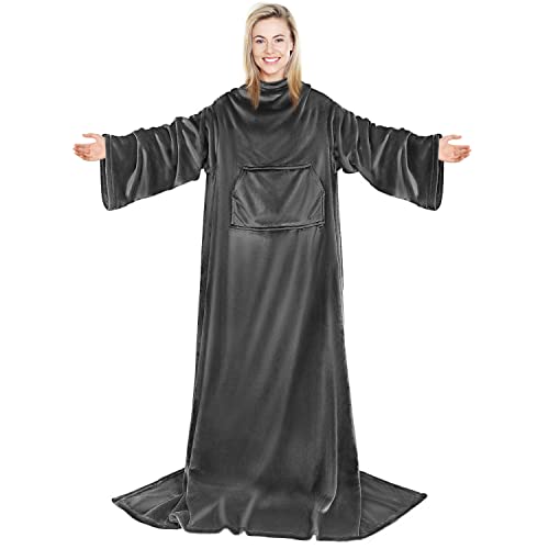ONME Wearable Fleece Blanket with Sleeves for Adult, Cozy Snuggy Blankets with Front Pocket, Soft Blanket Robe Gift for Women Men (Dark Grey)