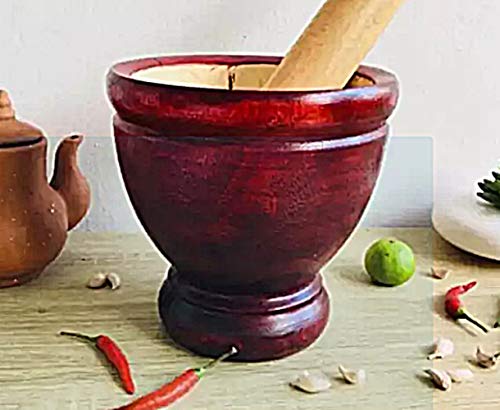 PunPund Wooden Mortar 9 Inches from Thailand Pestle Grinding Herb Garlic Papaya Salad Som Tum Thai Food Kitchen Tool 1 Set