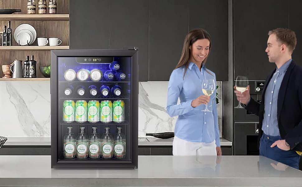 Xbeauty Beverage Refrigerator Cooler - 97CansMini Fridge Glass for Soda Beer or Wine double Glass Door Drink for Home and Bar,Adjust Temperature Freestanding Black Touch Control Panel,2.6Cu.Ft……