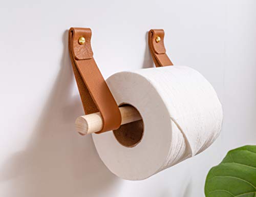 Bathroom Fixture Kit includes leather & wood Toilet Paper Roll Holder, Bath Towel Rail, leather & brass hanging Hand Towel Ring hook with gold hardware, straps are wall mounted, accessories rack