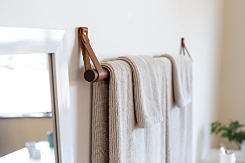 Bathroom Fixture Kit includes leather & wood Toilet Paper Roll Holder, Bath Towel Rail, leather & brass hanging Hand Towel Ring hook with gold hardware, straps are wall mounted, accessories rack