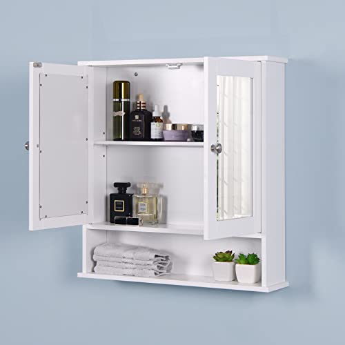 Bathroom Cabinet with 2 Mirror Doors Wall Mounted Medicine Cabinets Bathroom Shelves Over Toilet Adjustable Shelf for Laundry Room Kitchen Living Room with Open Shelf White Dresser with Mirror