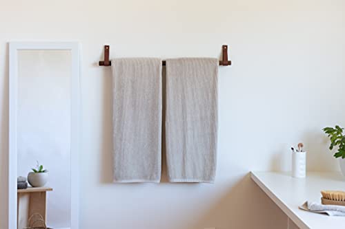 Bathroom Fixture Kit includes leather & wood Toilet Paper Roll Holder, Bath Towel Rail, leather & brass hanging Hand Towel Ring hook with gold hardware, straps are wall mounted, accessories rack