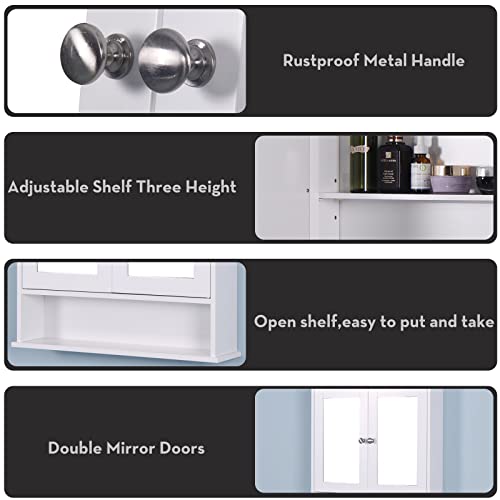 Bathroom Cabinet with 2 Mirror Doors Wall Mounted Medicine Cabinets Bathroom Shelves Over Toilet Adjustable Shelf for Laundry Room Kitchen Living Room with Open Shelf White Dresser with Mirror