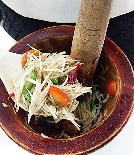 PunPund Wooden Mortar 9 Inches from Thailand Pestle Grinding Herb Garlic Papaya Salad Som Tum Thai Food Kitchen Tool 1 Set