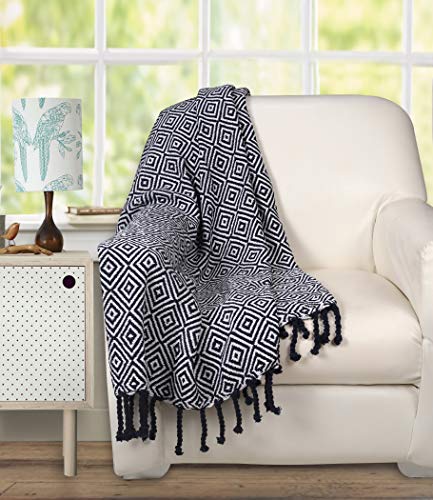 Throw Blanket With Fringes In Diamond Design 50x60 Inch - Navy White Cotton Throw For Sofa, Chair, Bed, & Everyday Use, Well crafted for durability, Farmhouse Throw,All Season Throw Blanket