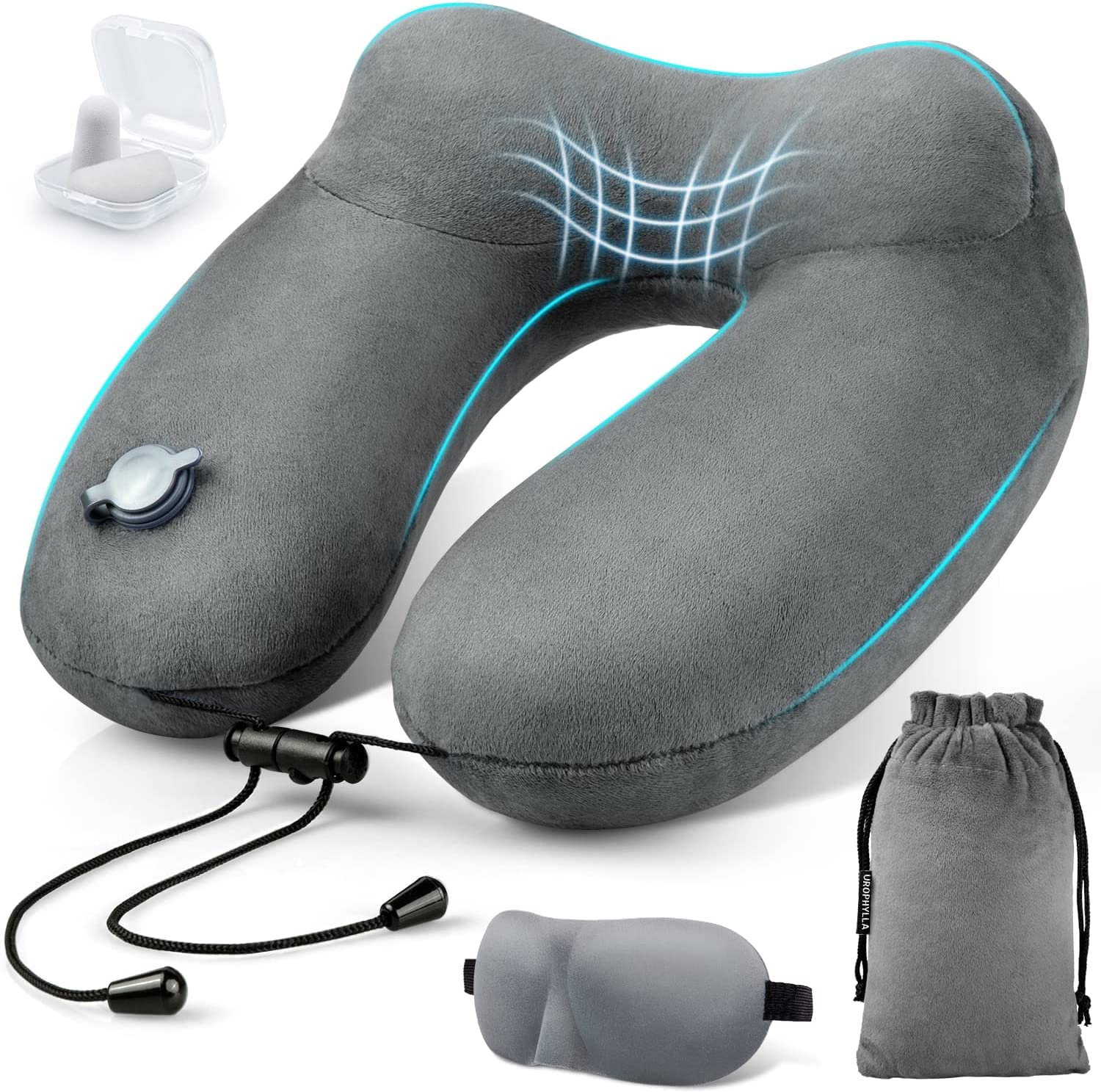 urophylla Inflatable Travel Pillows for Airplanes, Soft Velvet Inflatable Neck Pillow with 3D Contoured Eye Masks, Blow Up Pillow for Traveling, Trains, Cars, Travel Accessories, Large(Grey)