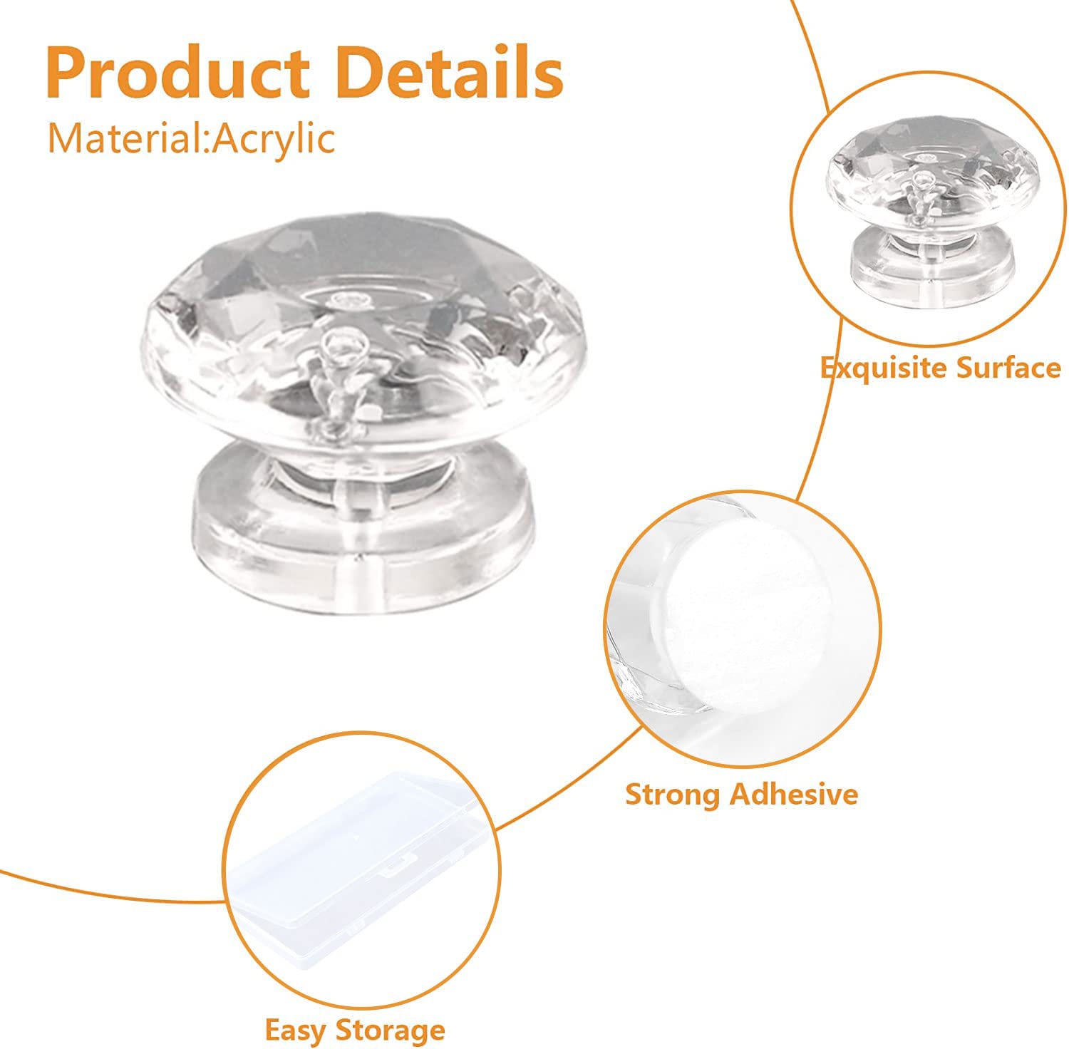 MOROBOR Mini Acrylic Pull Knobs, 24pcs Diamond-Shaped Self Stick Knobs No Drilling Clear Acrylic Self Adhesive Knobs for Mirror Closet Box Gift Case and Other Small Furniture
