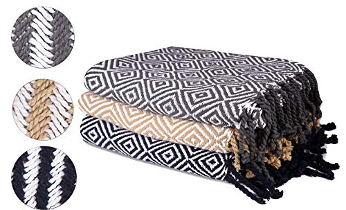 Throw Blanket With Fringes In Diamond Design 50x60 Inch - Navy White Cotton Throw For Sofa, Chair, Bed, & Everyday Use, Well crafted for durability, Farmhouse Throw,All Season Throw Blanket