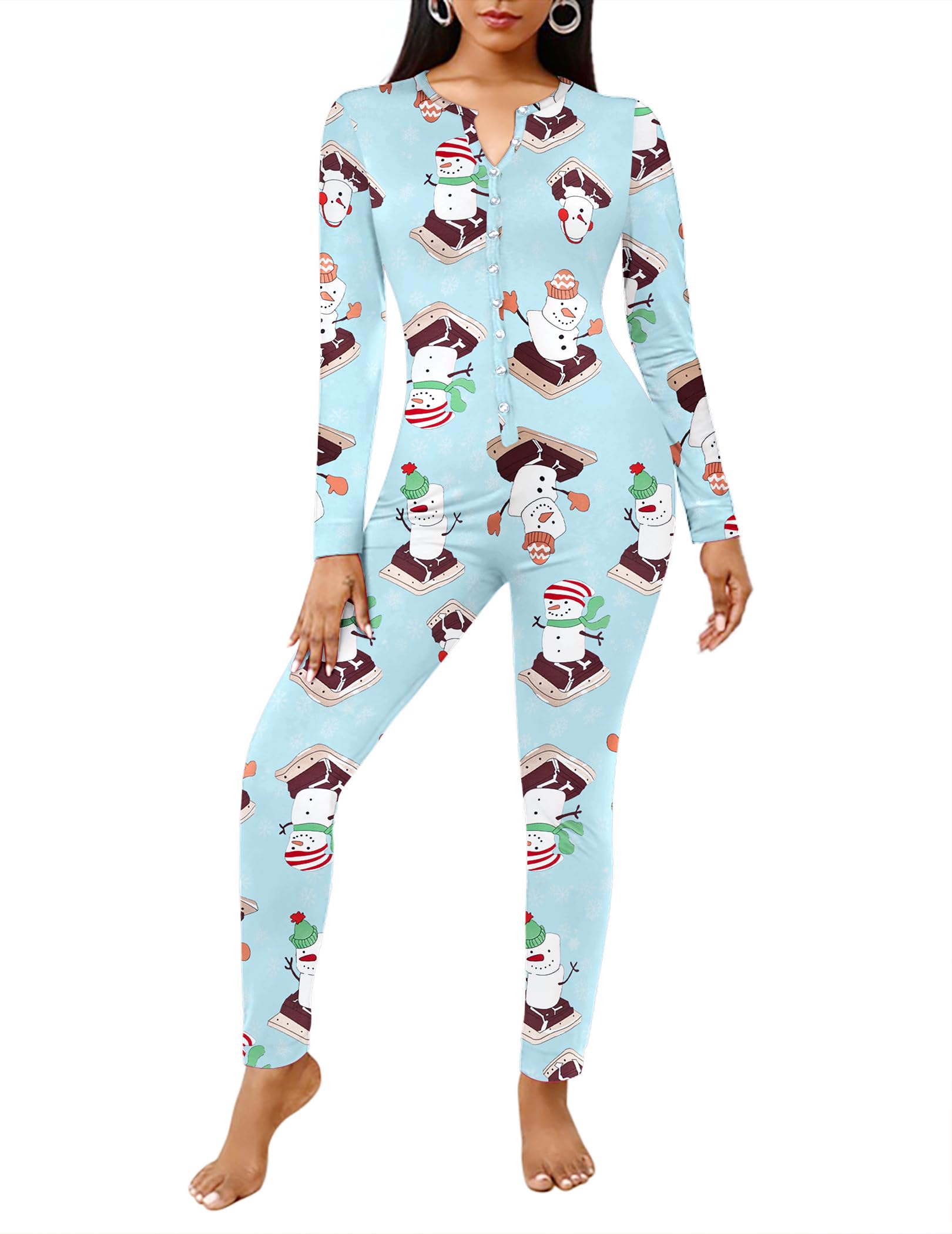 Ekouaer Womens Christmas Oneses Adult Button One Piece Pajama Romper Long Sleeve Jumpsuit Sleepwear for Women Soft Thermal