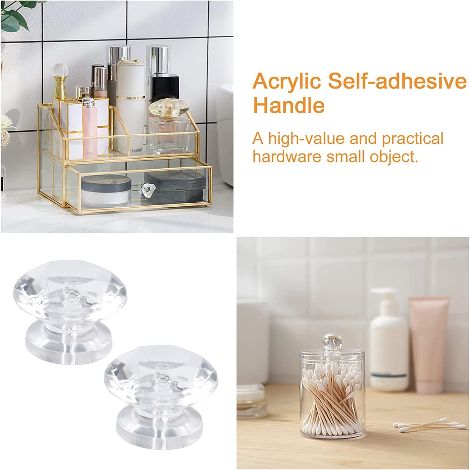 MOROBOR Mini Acrylic Pull Knobs, 24pcs Diamond-Shaped Self Stick Knobs No Drilling Clear Acrylic Self Adhesive Knobs for Mirror Closet Box Gift Case and Other Small Furniture