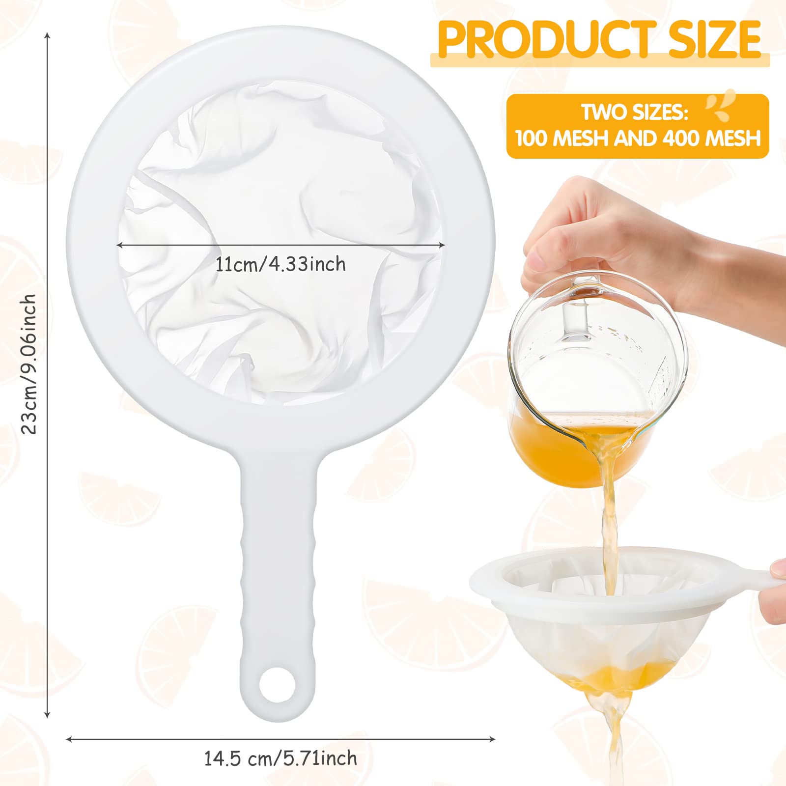 Zopeal 2 Pieces Ultra Fine Mesh Strainer Nylon Food Juice Strainer Yogurt Mesh Sieve Plastic Colander with Handle Mini Brine Shrimp Separation Net for Kitchen(100/400 Mesh)