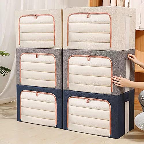Clothes Storage Bins Boxes, 2 Pack Large Foldable Storage Bags with Clear Window/Durable Handles for Clothes, Metal Frame Clothes Storage Containers Organizer Set for Bedding, Blankets, Toys, Books(Dark gray, 66L)