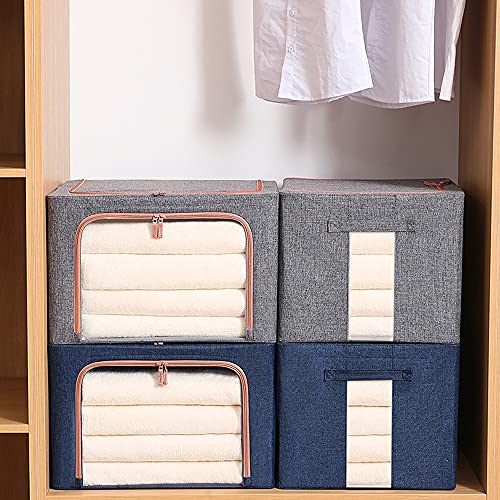 Clothes Storage Bins Boxes, 2 Pack Large Foldable Storage Bags with Clear Window/Durable Handles for Clothes, Metal Frame Clothes Storage Containers Organizer Set for Bedding, Blankets, Toys, Books(Dark gray, 66L)