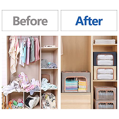 Clothes Storage Bins Boxes, 2 Pack Large Foldable Storage Bags with Clear Window/Durable Handles for Clothes, Metal Frame Clothes Storage Containers Organizer Set for Bedding, Blankets, Toys, Books(Dark gray, 66L)
